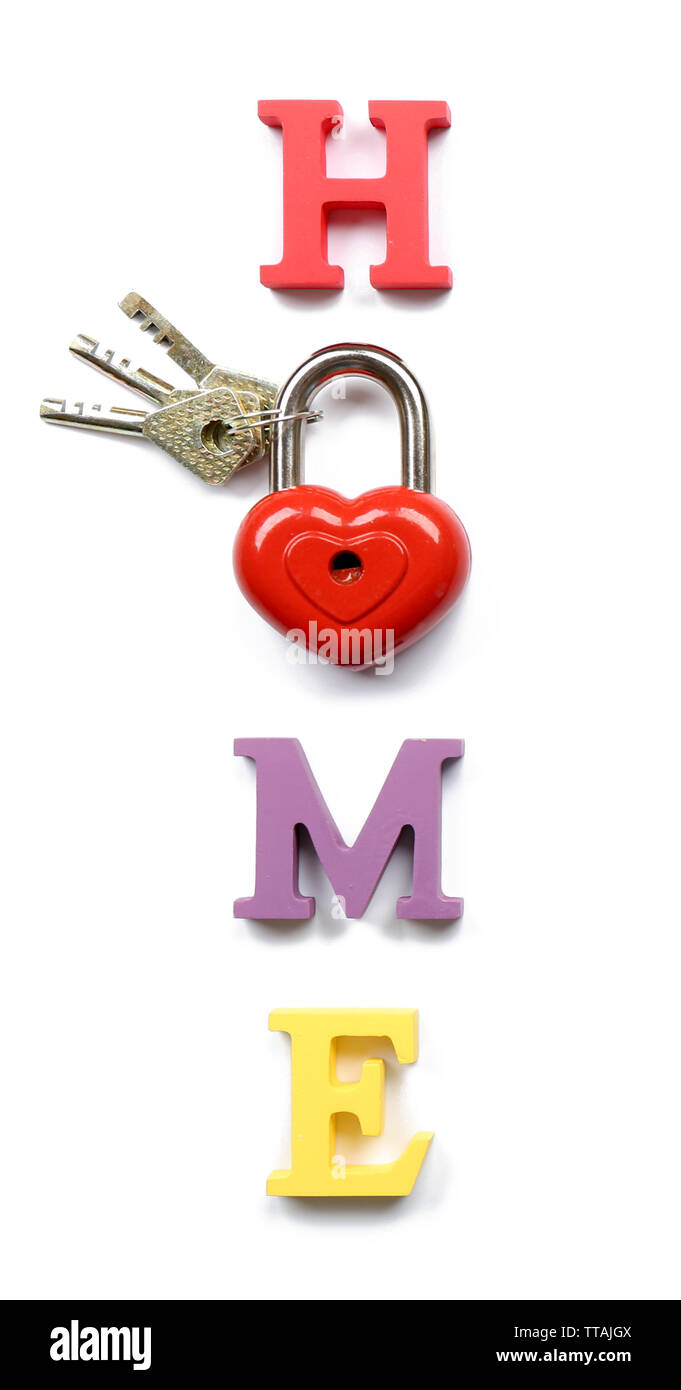 Decorative letters forming word HOME with lock and keys isolated on ...