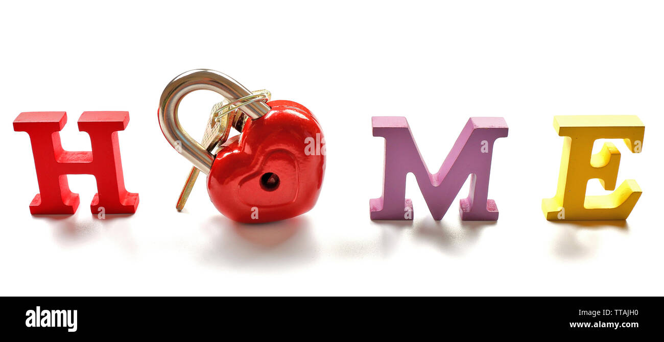 Decorative letters forming word HOME with lock and keys isolated on ...