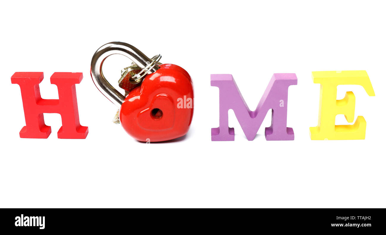 Decorative letters forming word HOME with lock and keys isolated on ...