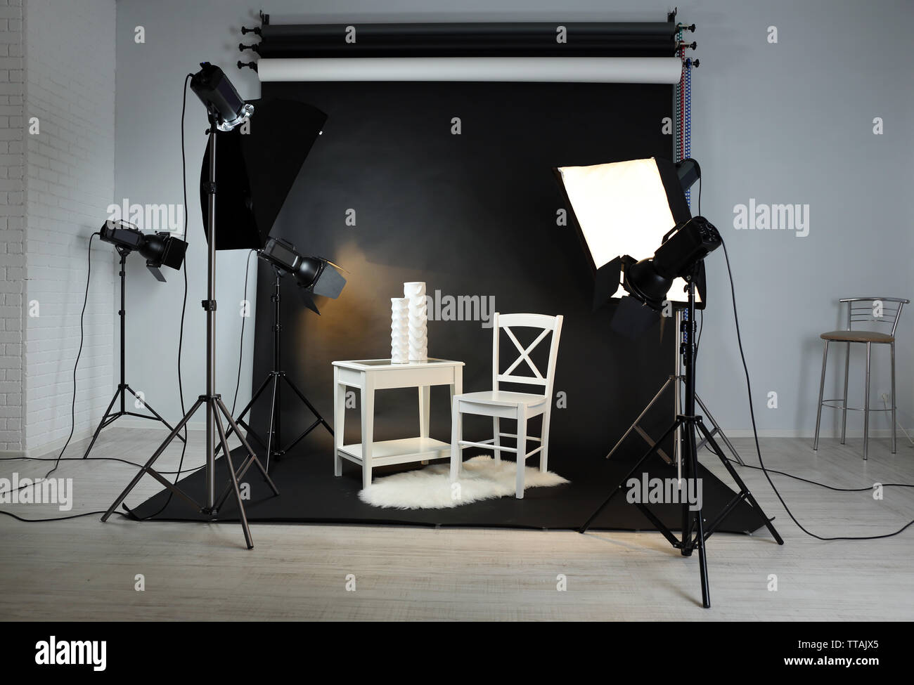 Photo studio with modern interior and lighting equipment Stock Photo ...