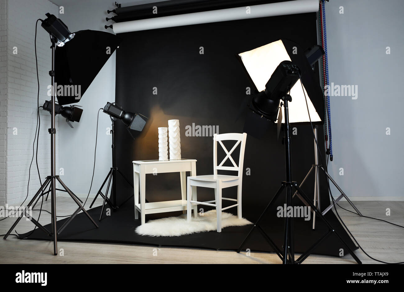 Photo studio with modern interior and lighting equipment Stock Photo ...