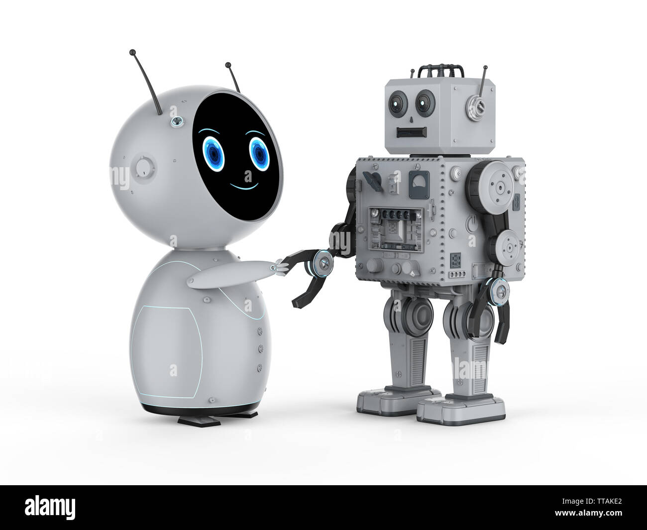 3d rendering toy robot hand shaking on white background Stock Photo - Alamy
