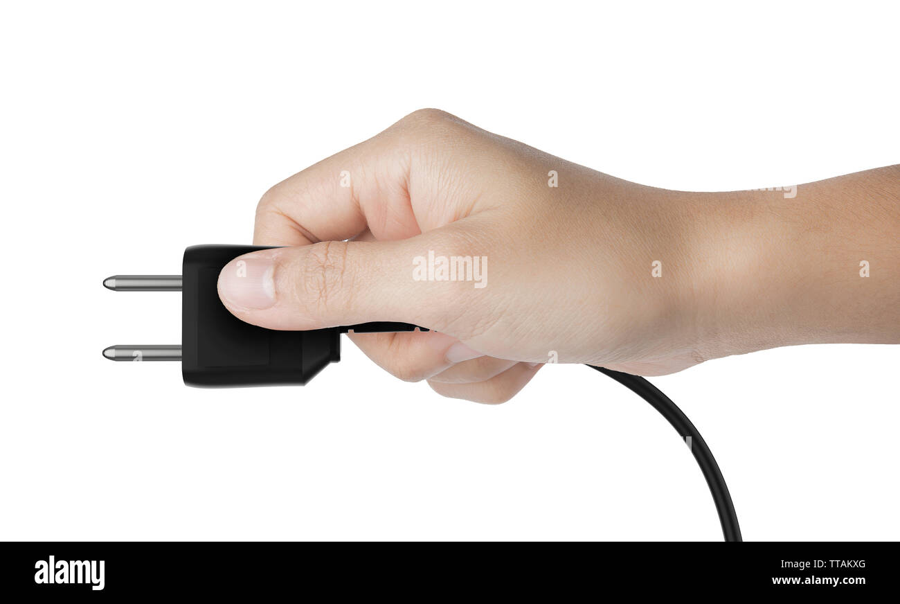 Human hand hold black electric plug isolated on white Stock Photo - Alamy