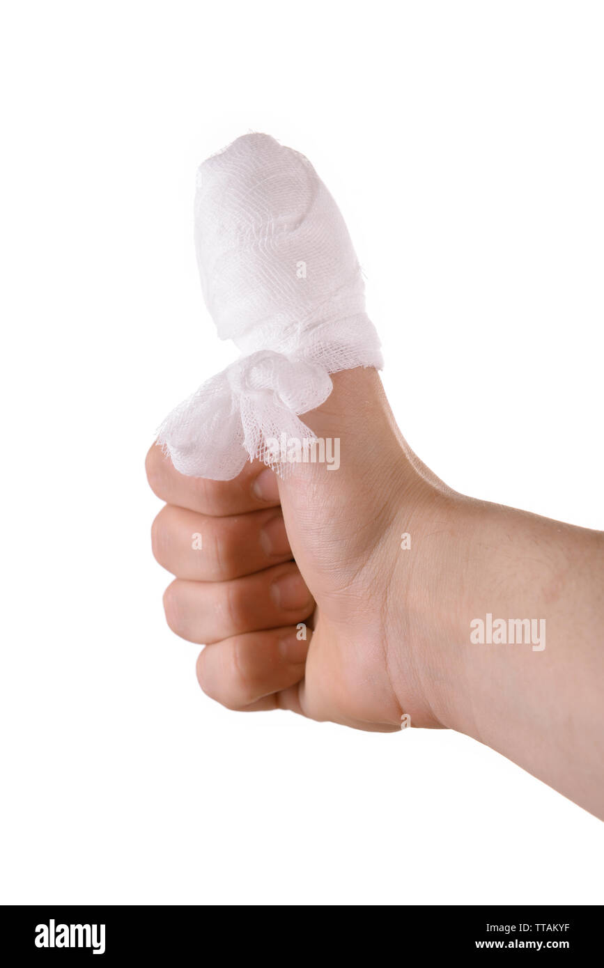 Injured bandaged finger isolated on white Stock Photo - Alamy