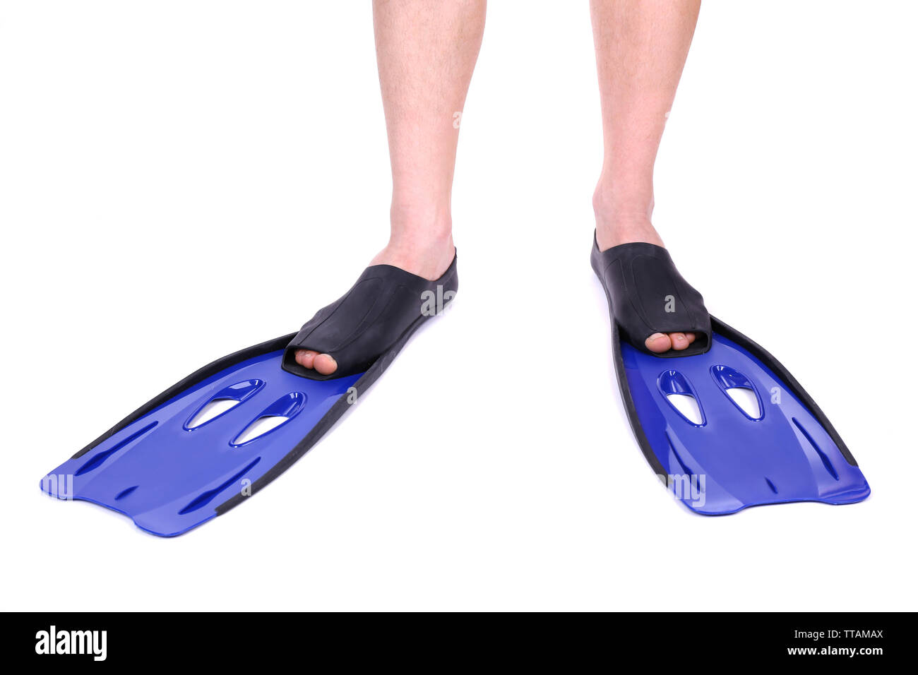 Male legs in flippers isolated on white Stock Photo - Alamy
