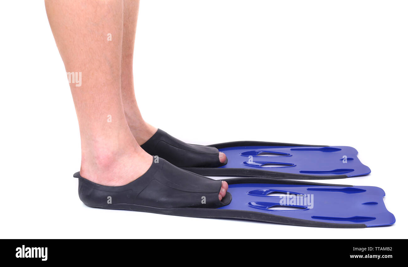 Male legs in flippers isolated on white Stock Photo - Alamy