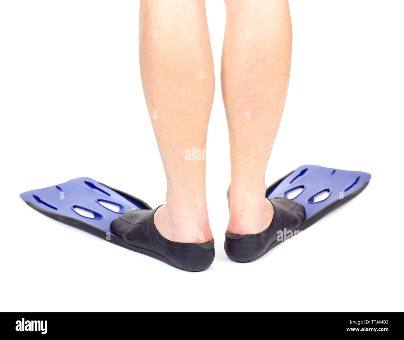 Male legs in flippers isolated on white Stock Photo - Alamy