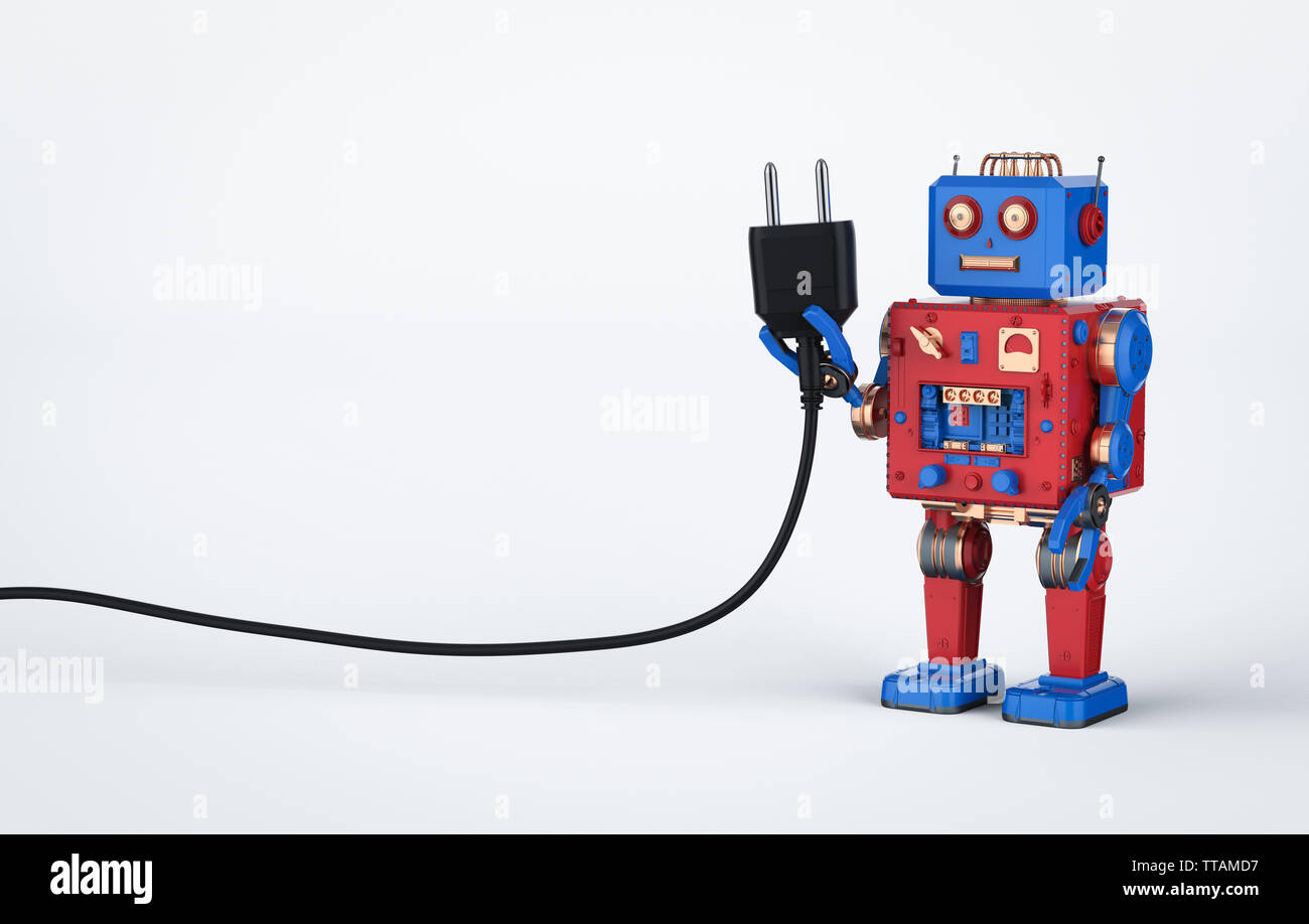 3d rendering robot tin toy with plug on white background Stock Photo ...