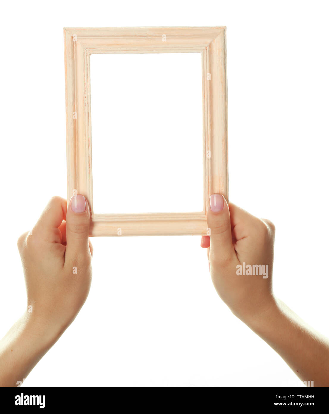Female hands with wooden frame, isolated on white Stock Photo - Alamy