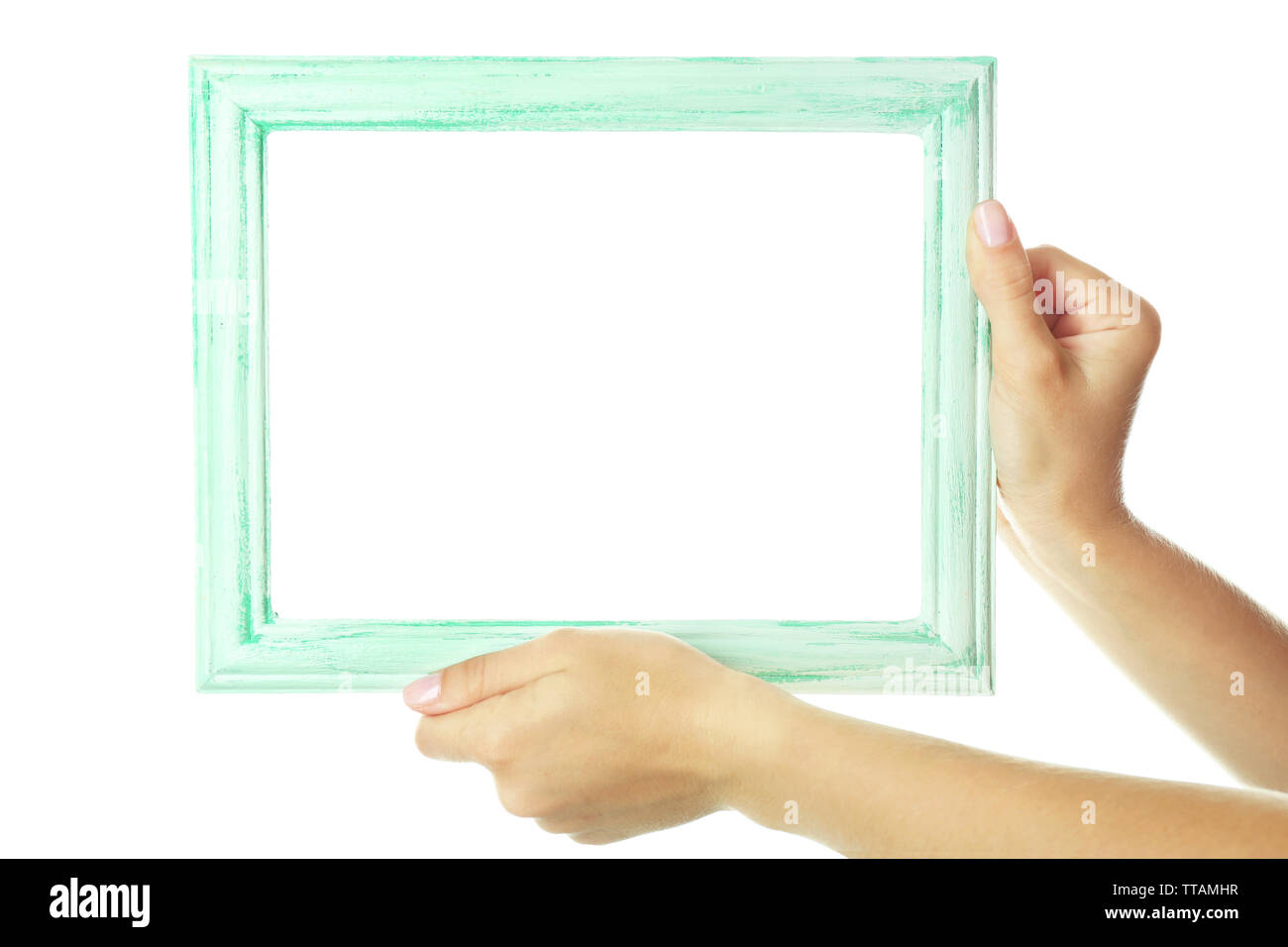 Female hands with wooden frame, isolated on white Stock Photo - Alamy