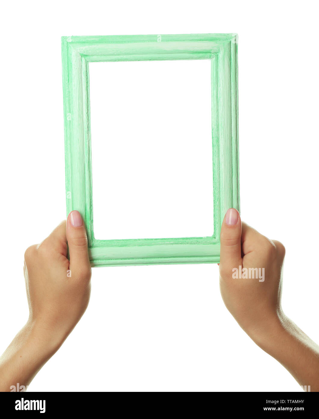Female hands with wooden frame, isolated on white Stock Photo - Alamy