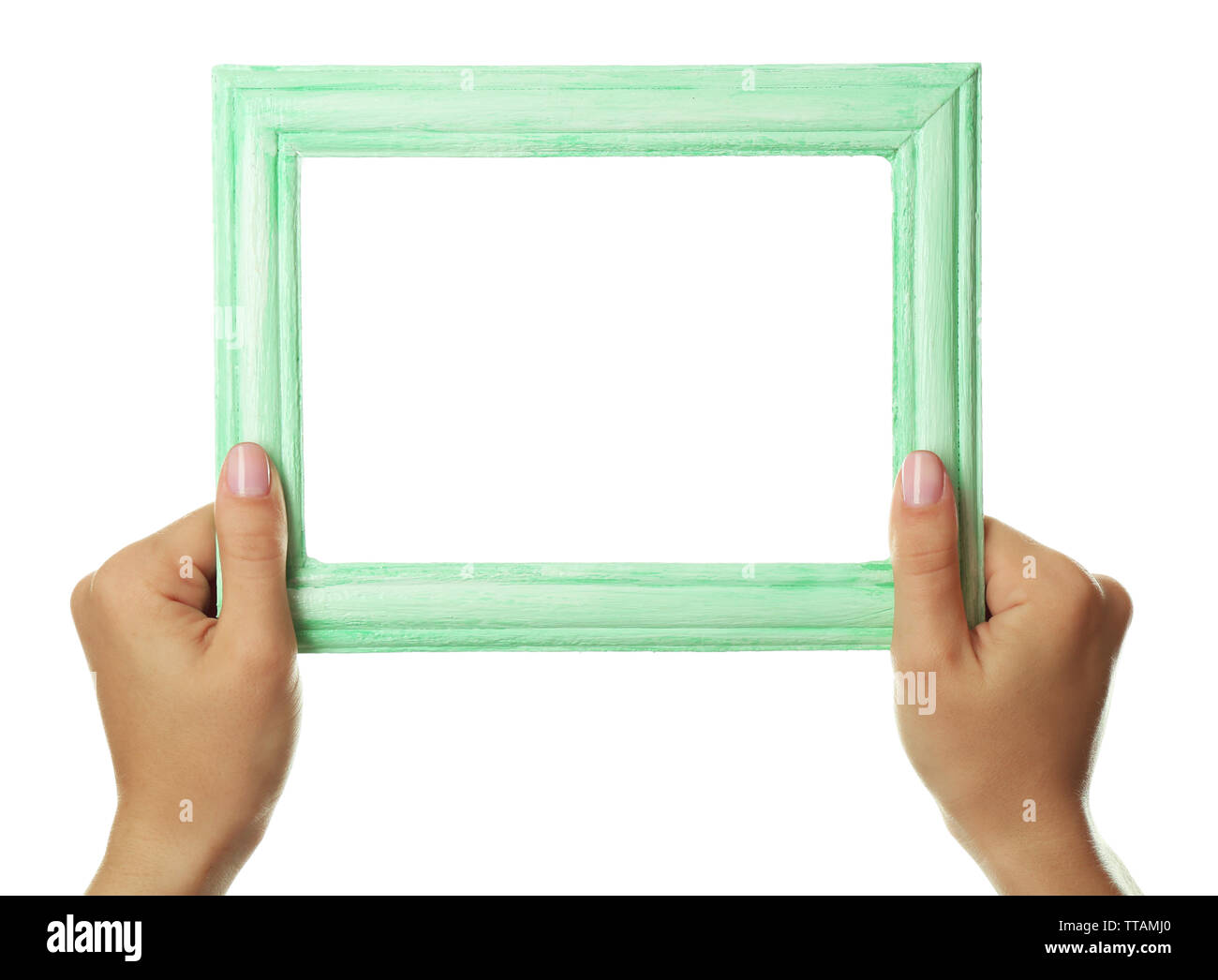 Female hands with wooden frame, isolated on white Stock Photo - Alamy