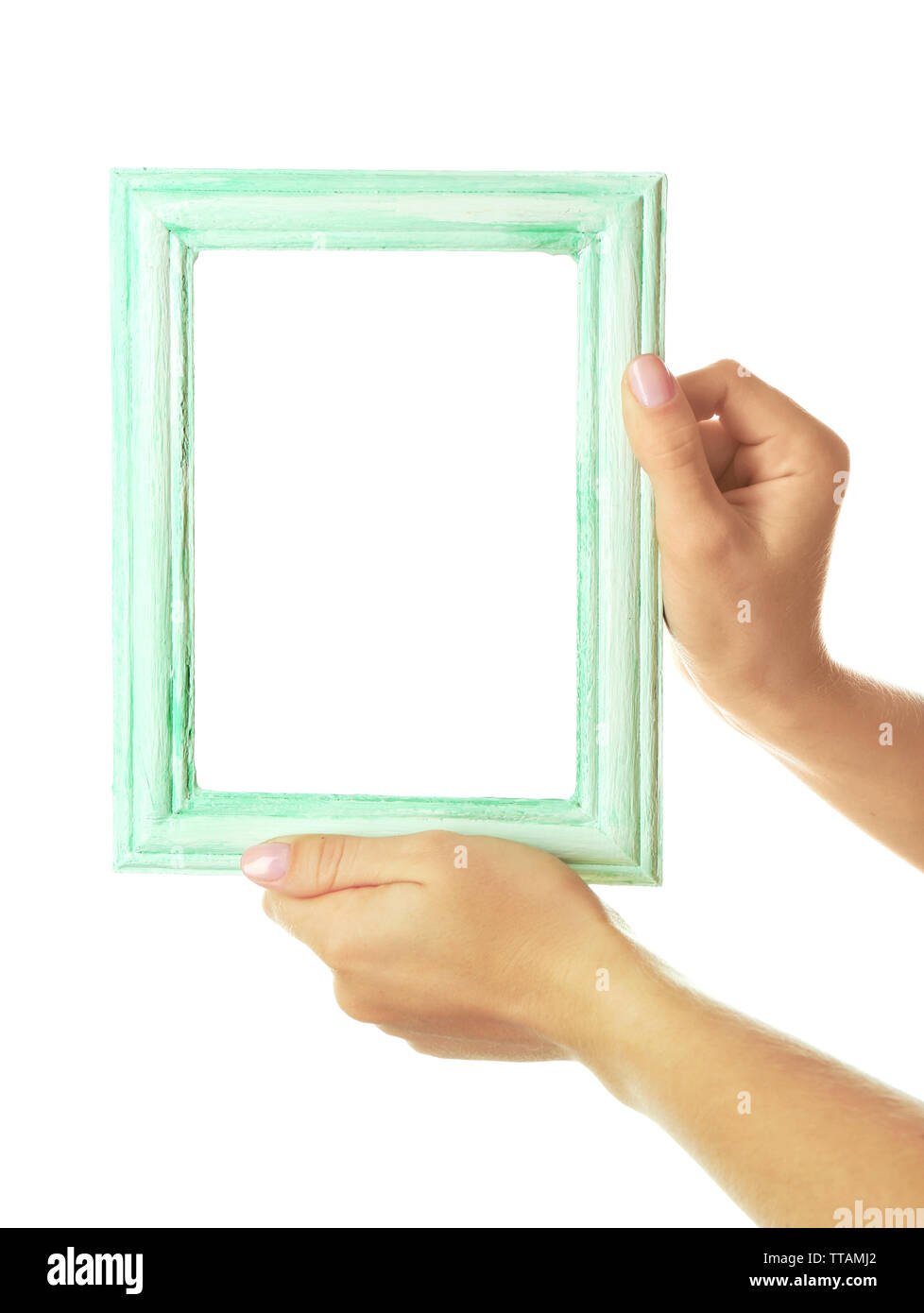 Female hands with wooden frame, isolated on white Stock Photo - Alamy