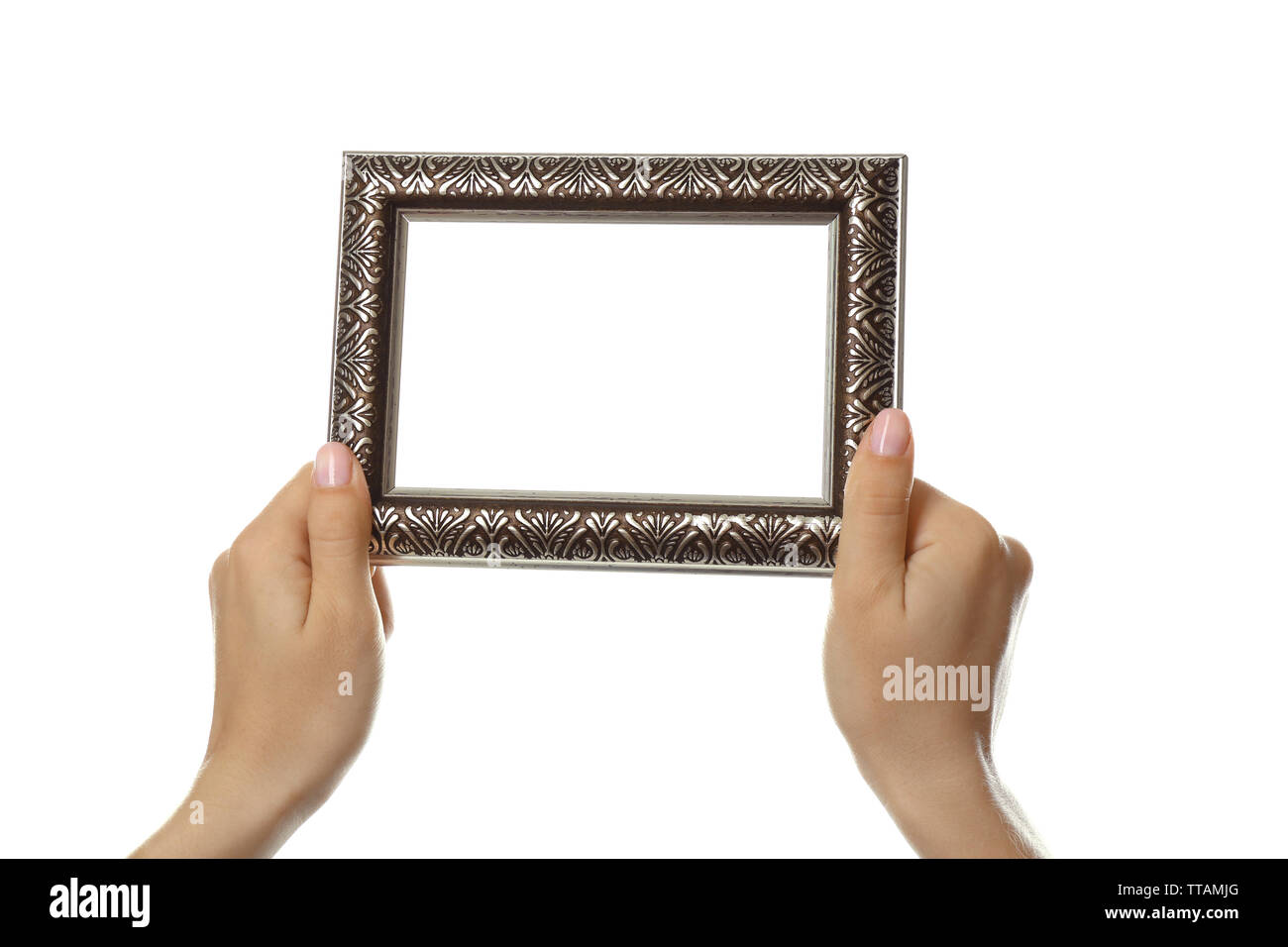 Female hands with wooden frame, isolated on white Stock Photo - Alamy