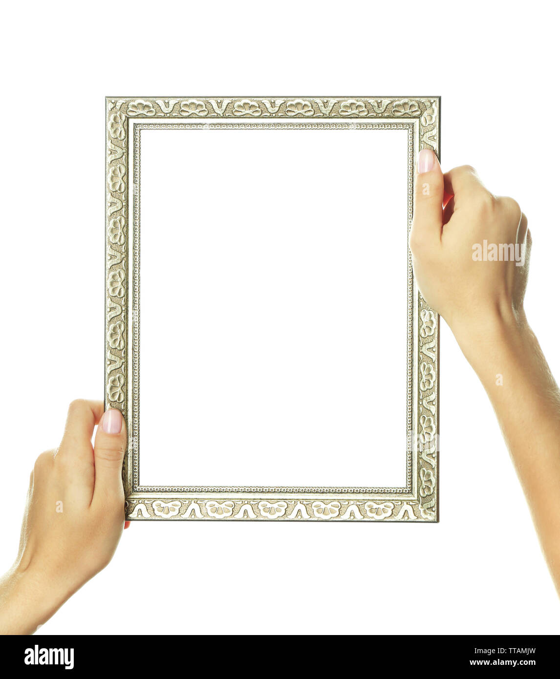 Female hands with wooden frame, isolated on white Stock Photo - Alamy