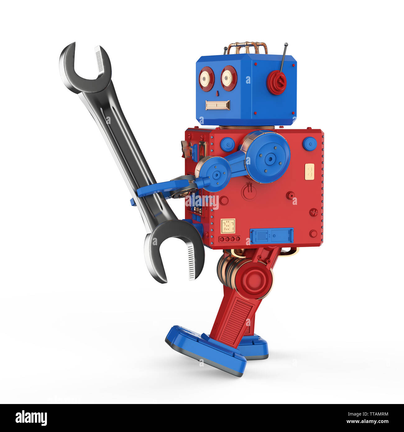 Engineer Robot Concept With 3d Rendering Robot Tin Toy With Wrench