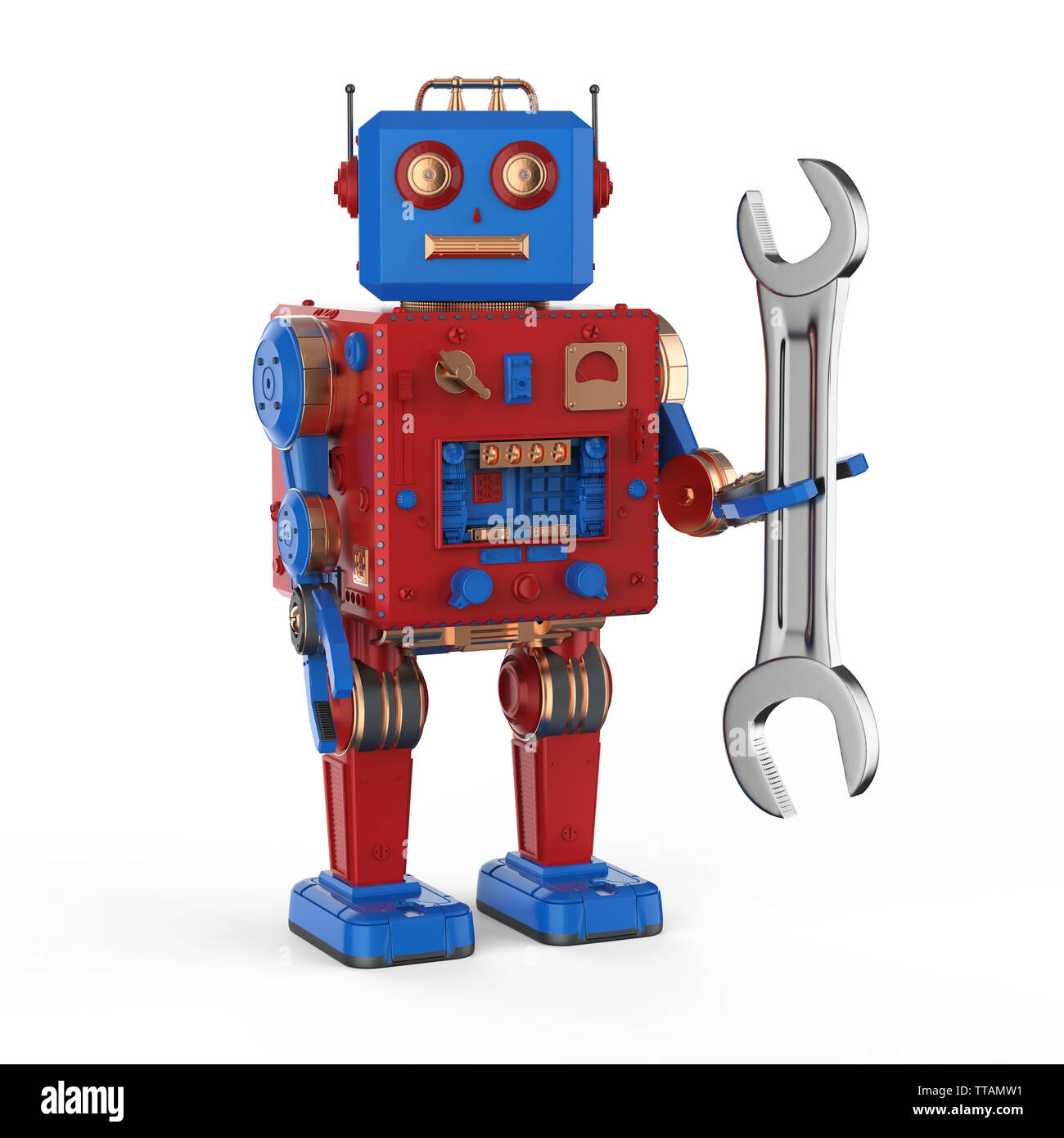 Engineer robot concept with 3d rendering robot tin toy with wrench ...