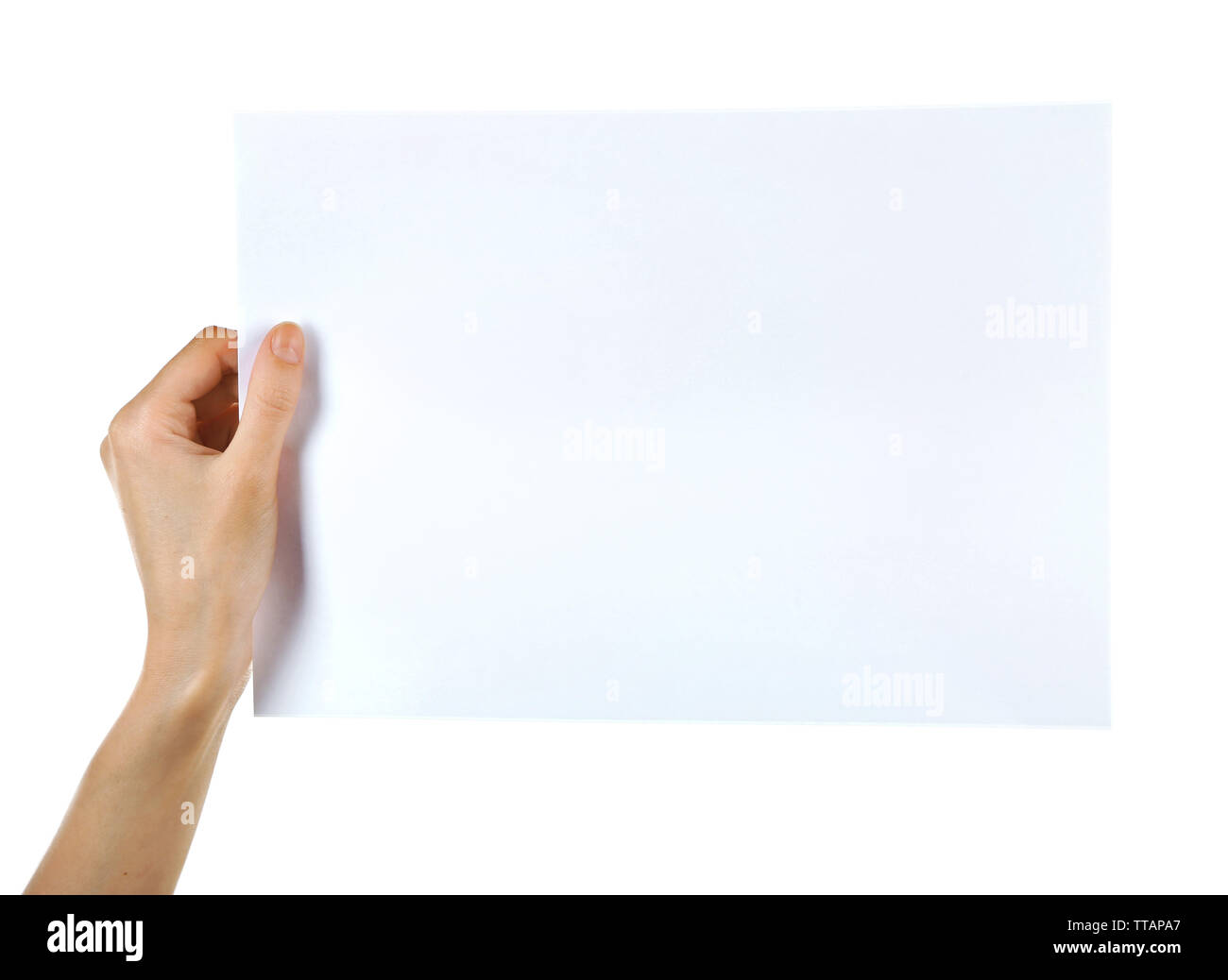 Female hand holding paper blank isolated on white Stock Photo - Alamy