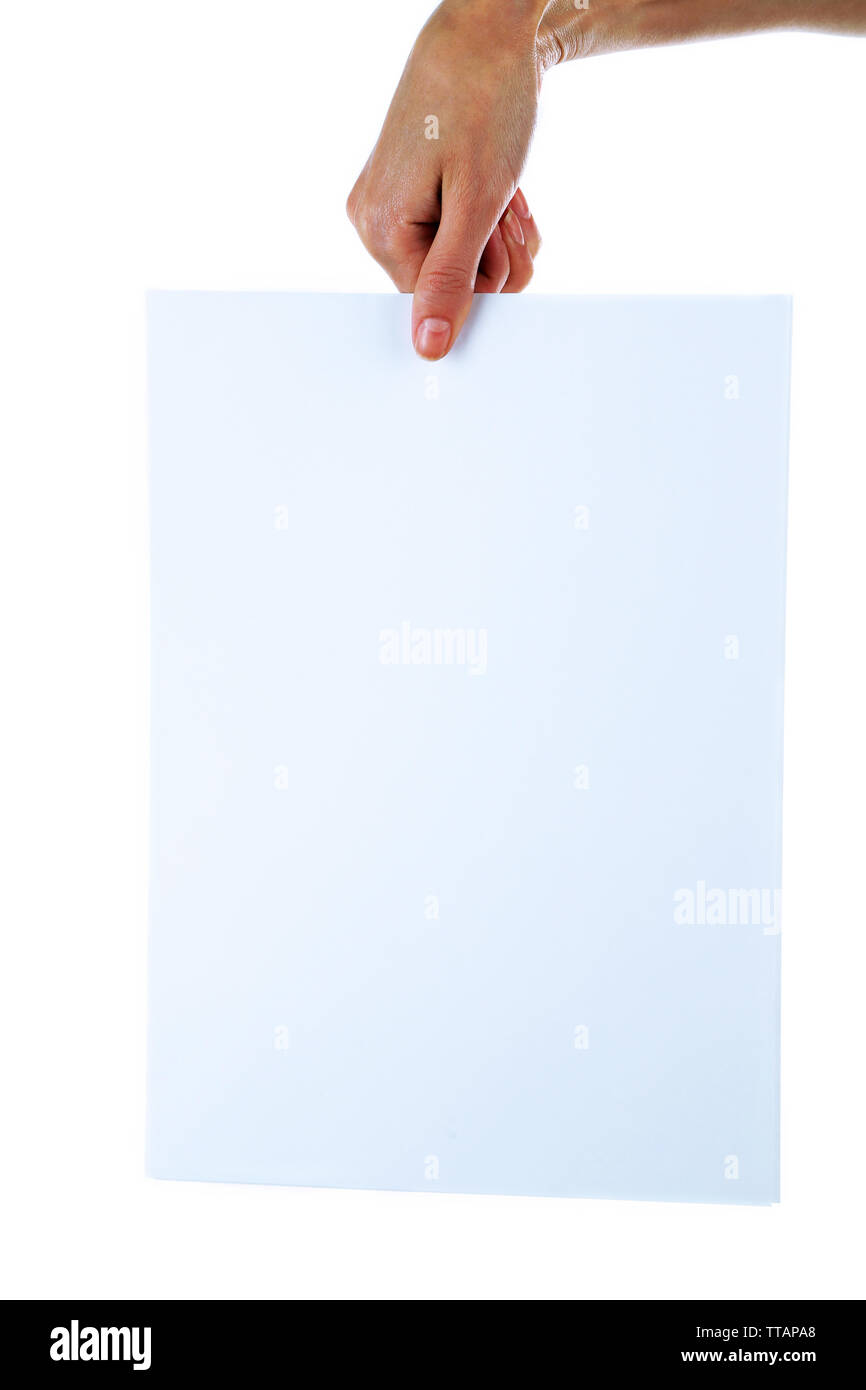 Female hand holding paper blank isolated on white Stock Photo - Alamy