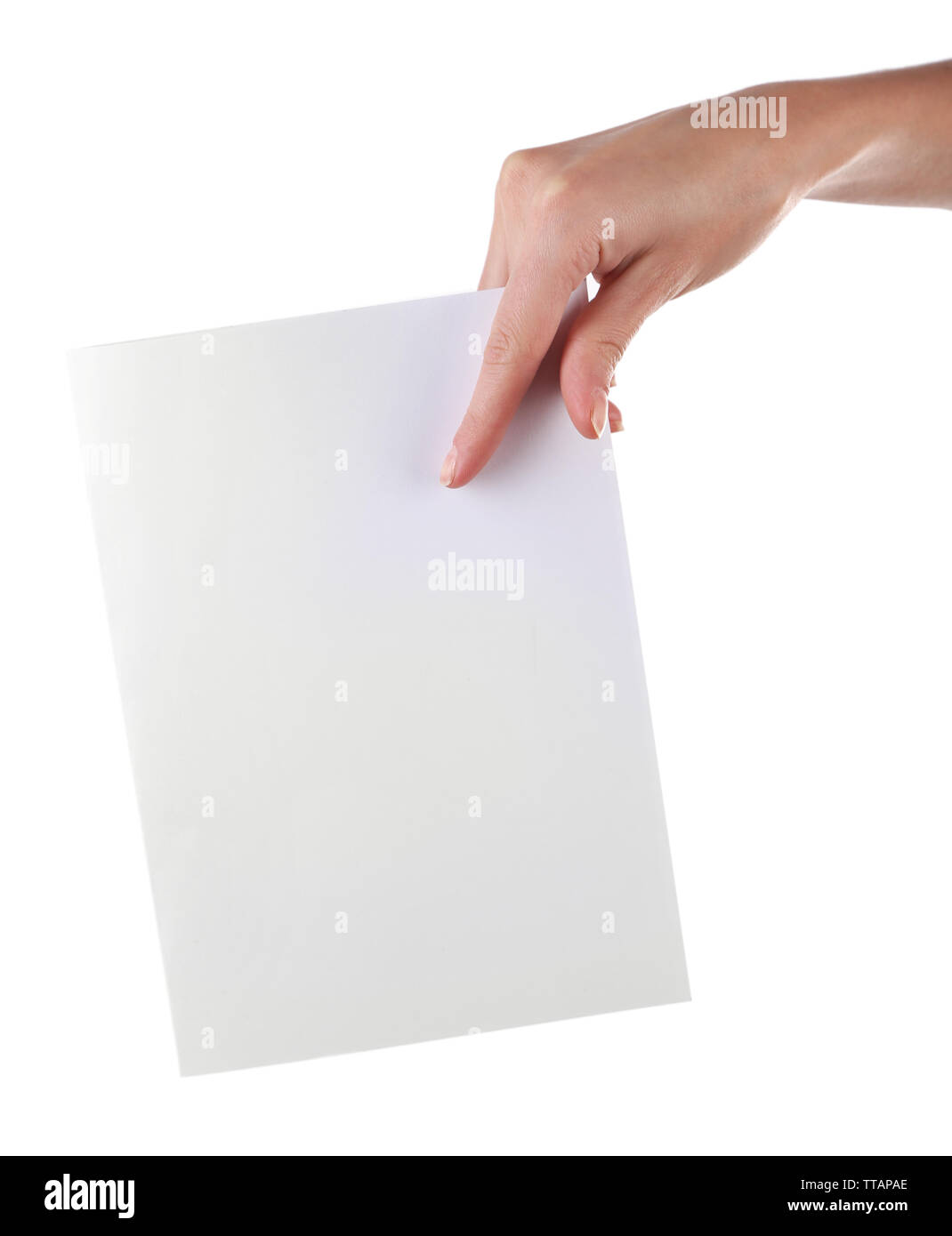 Female hand holding paper blank isolated on white Stock Photo - Alamy