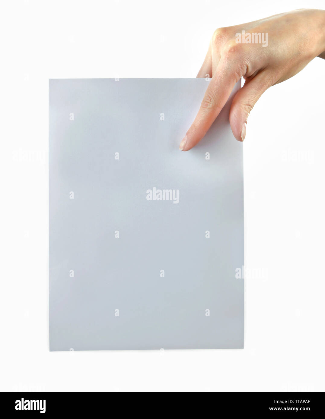 Female hand holding paper blank isolated on white Stock Photo - Alamy