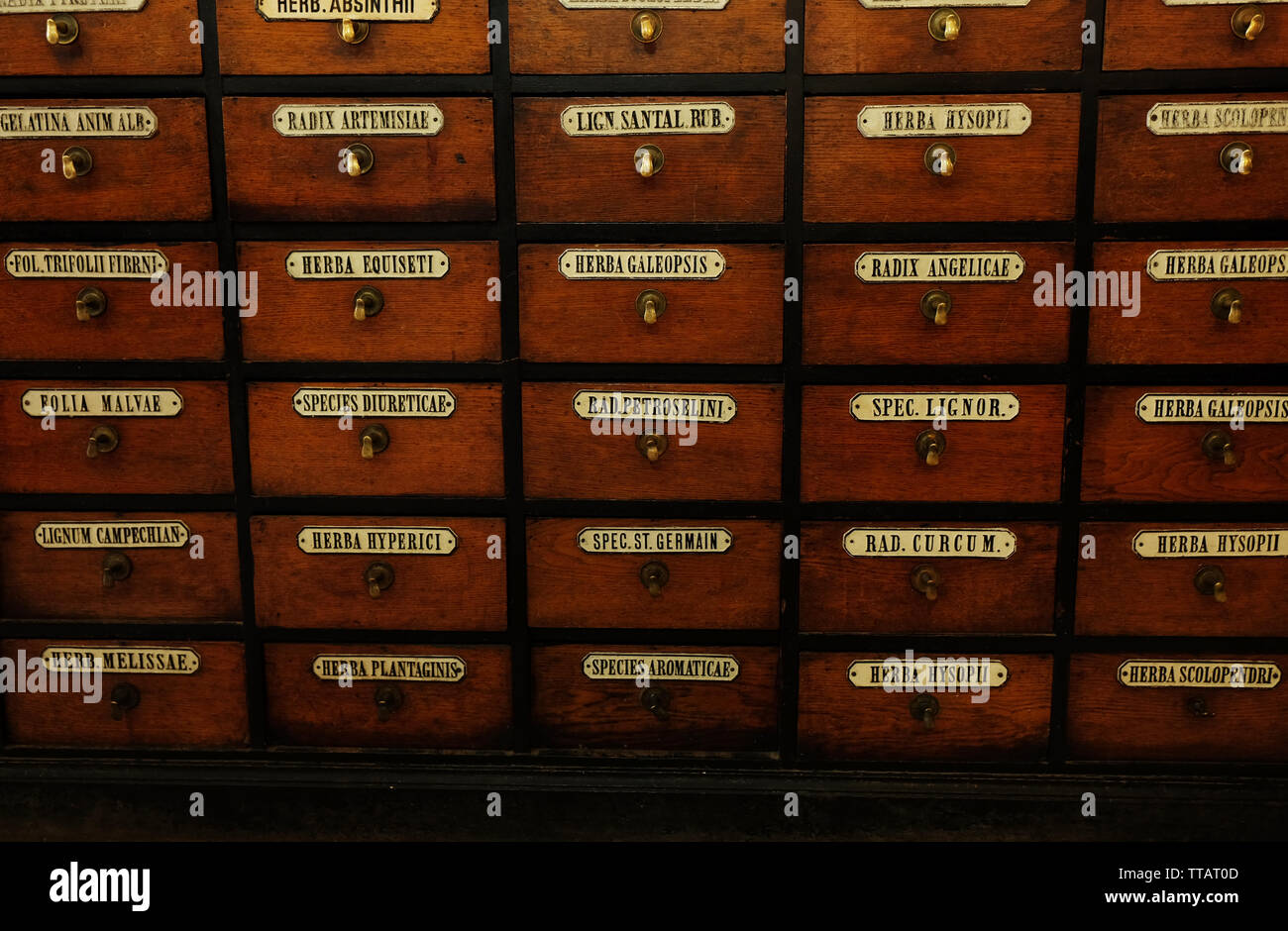 Wooden drawers with labels Stock Photo - Alamy