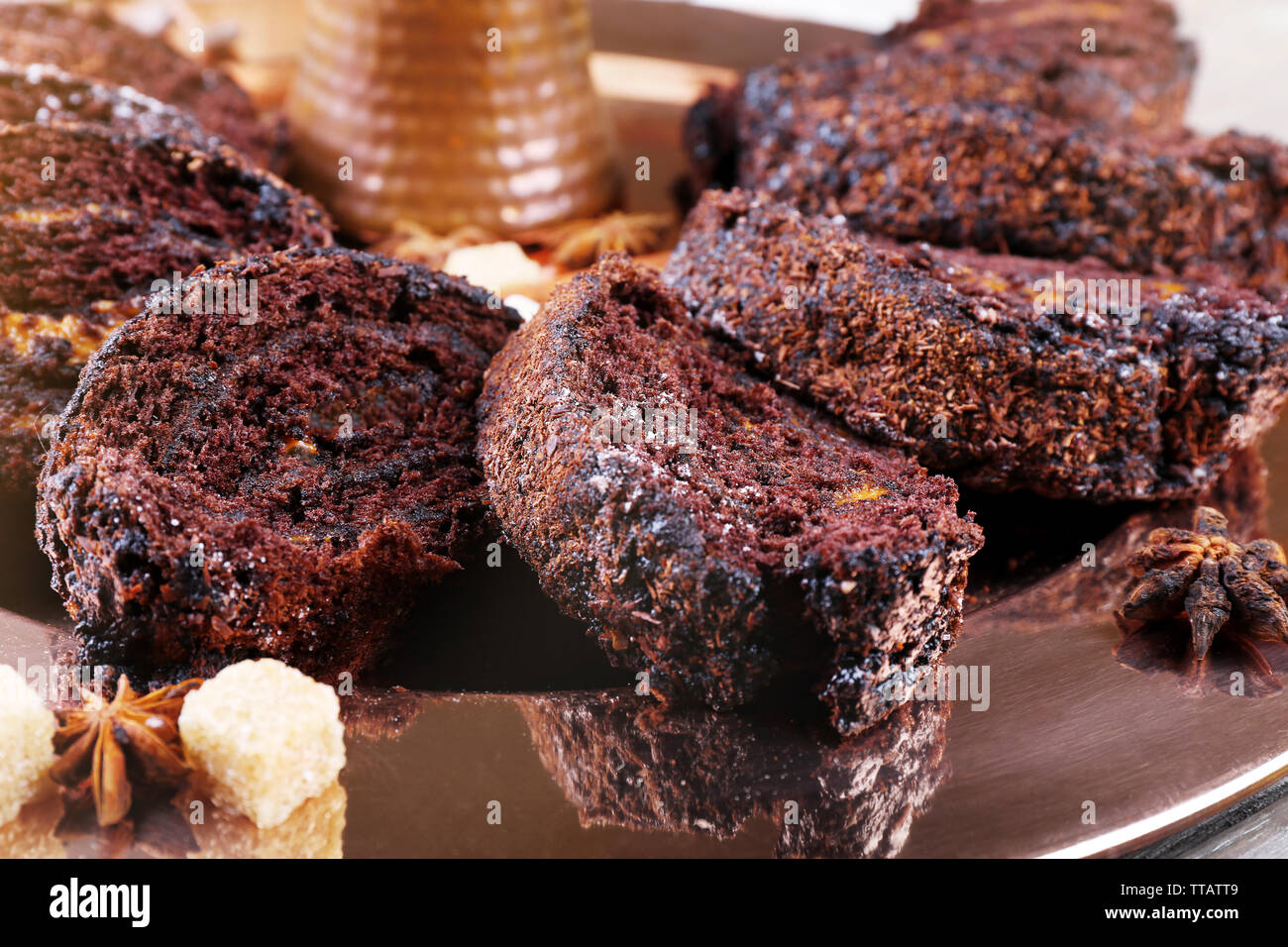 Delicious chocolate roll on metal plate, closeup Stock Photo - Alamy