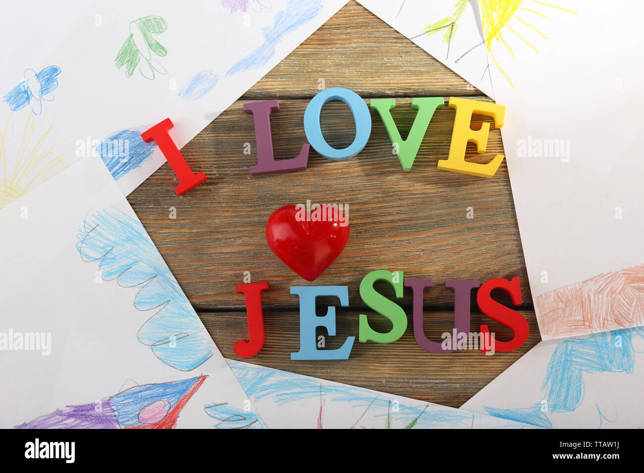 I LOVE JESUS sign illustrated with colorful plastic letters on drawings ...