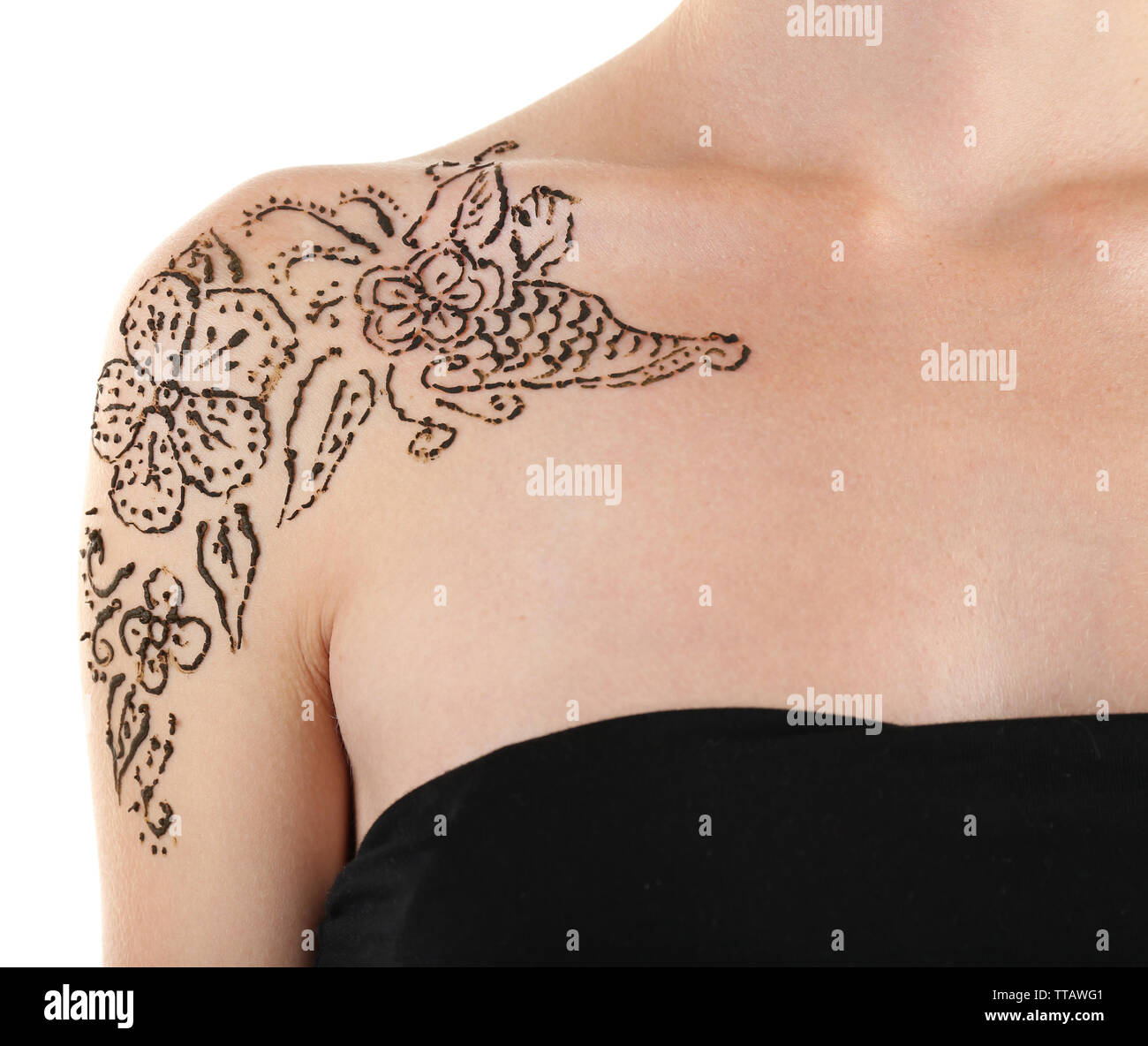 Shoulder painted with henna- Mehendi, isolated on white Stock Photo - Alamy