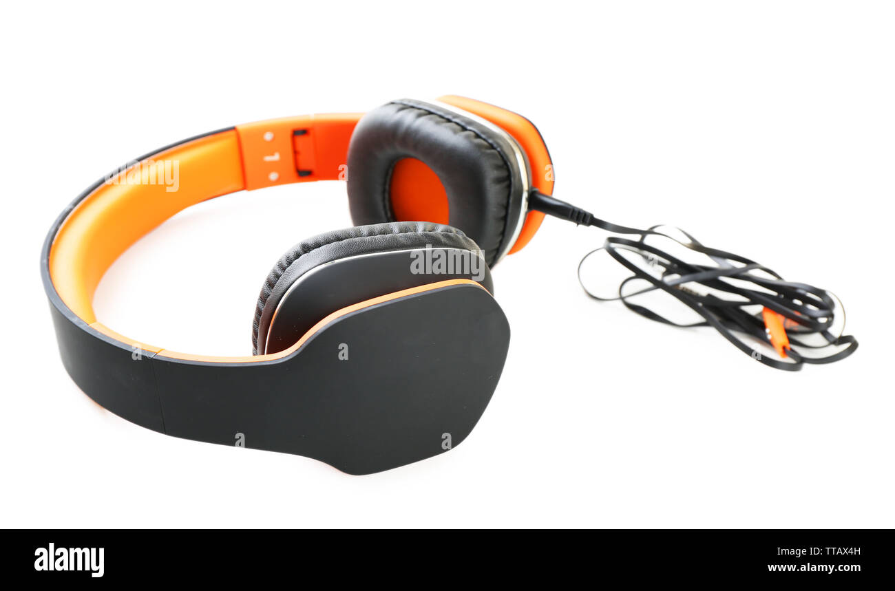Orange headphones isolated on white Stock Photo - Alamy