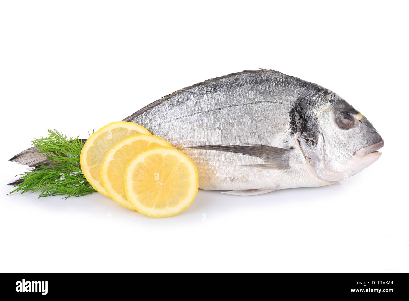 Fresh dorado fish with dill and lemon isolated on white Stock Photo - Alamy