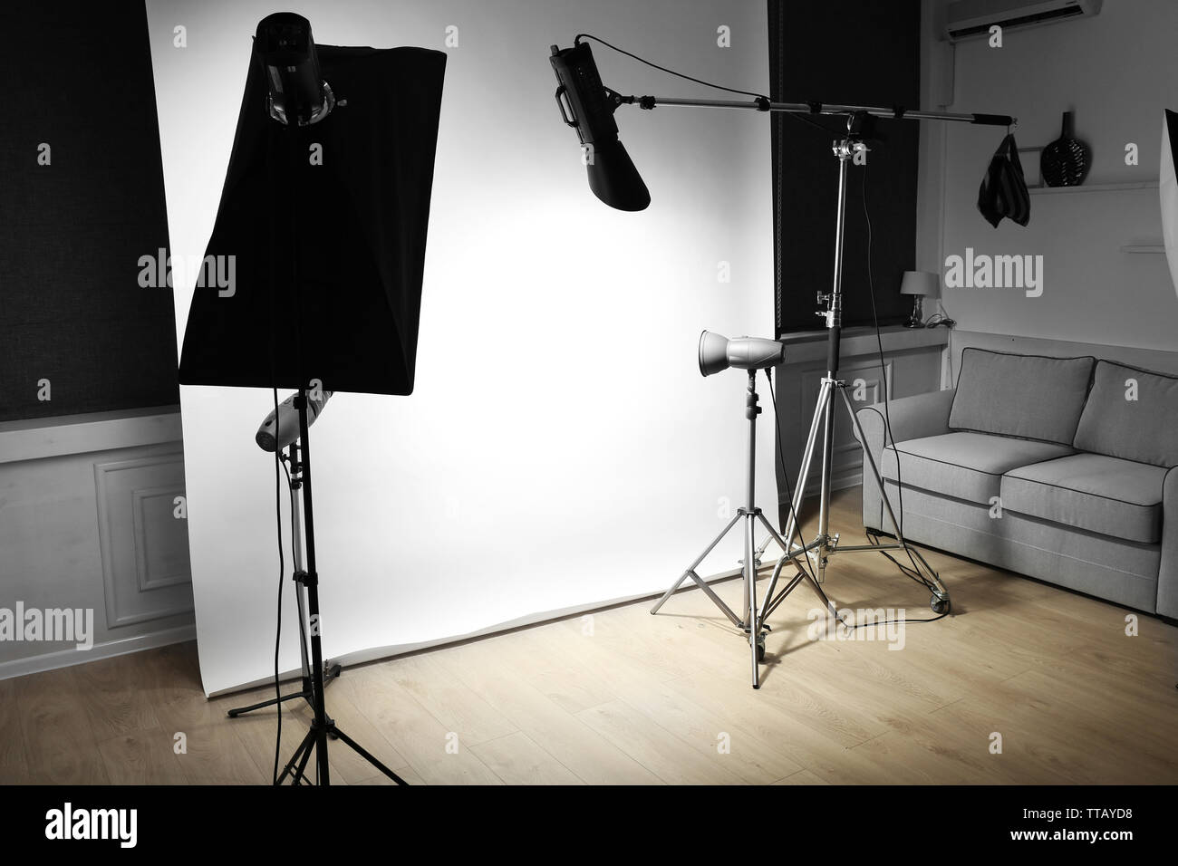 Empty photo studio with lighting equipment Stock Photo - Alamy