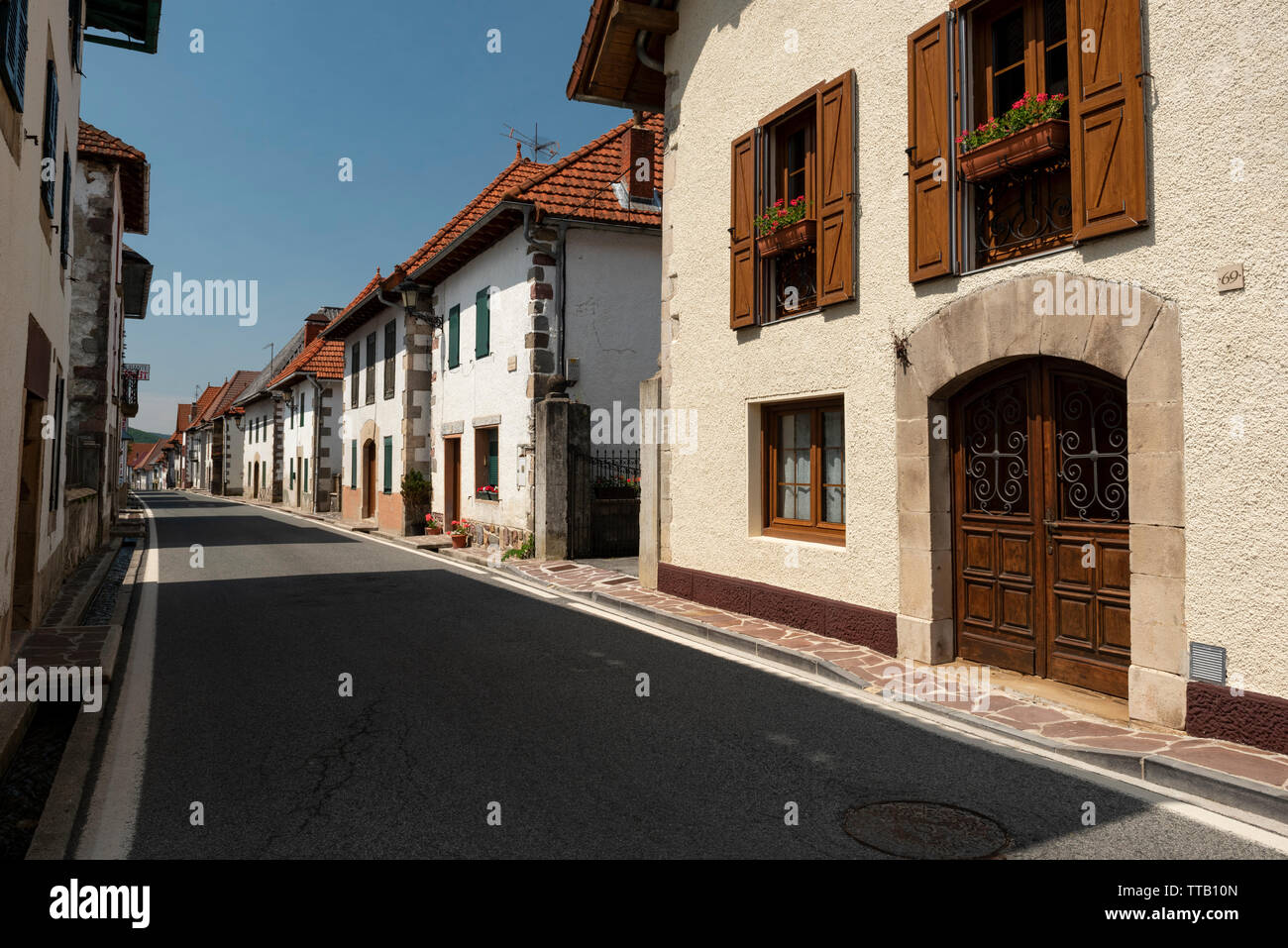 Typical facade of rural buildings in Burguete village, Navarre Pyrenees ...