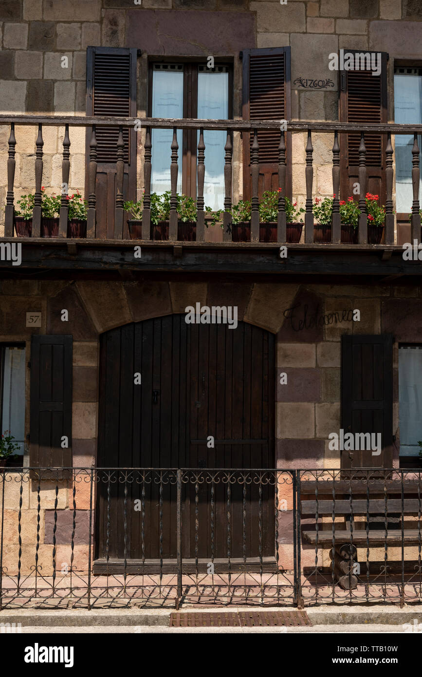 Typical facade of rural buildings in Burguete village, Navarre Pyrenees ...