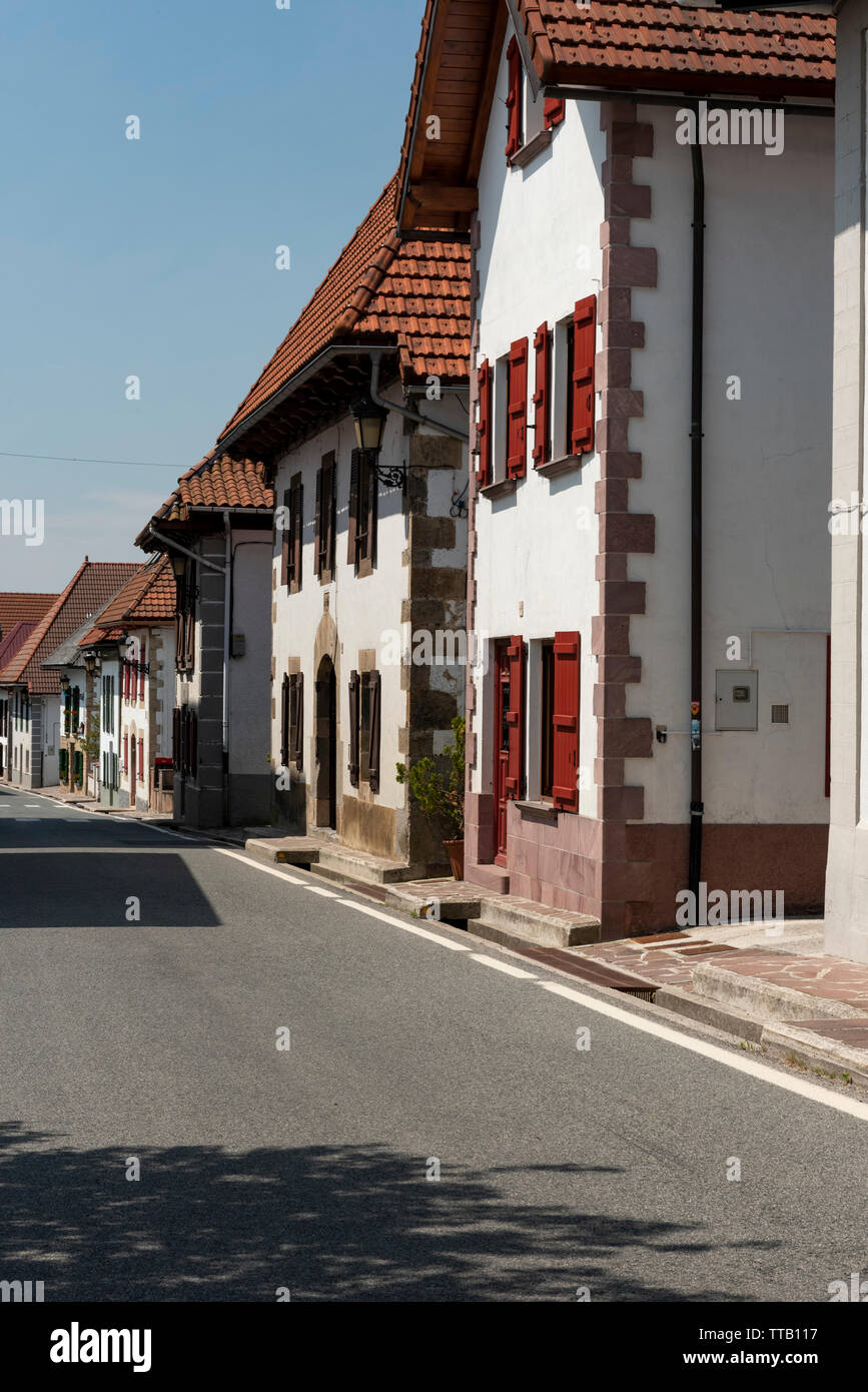 Typical facade of rural buildings in Burguete village, Navarre Pyrenees ...
