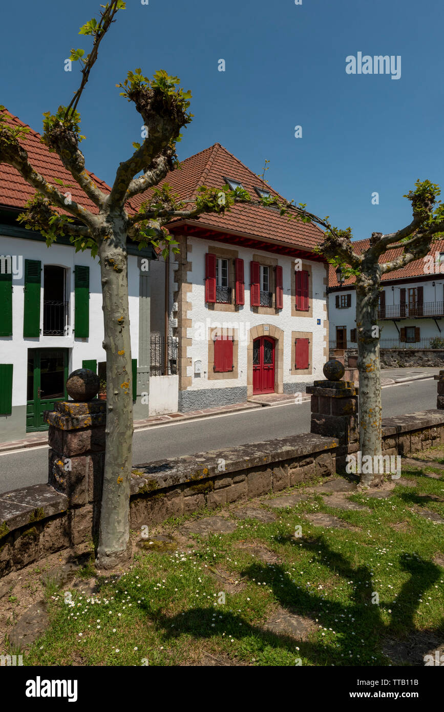 Typical facade of rural buildings in Burguete village, Navarre Pyrenees ...