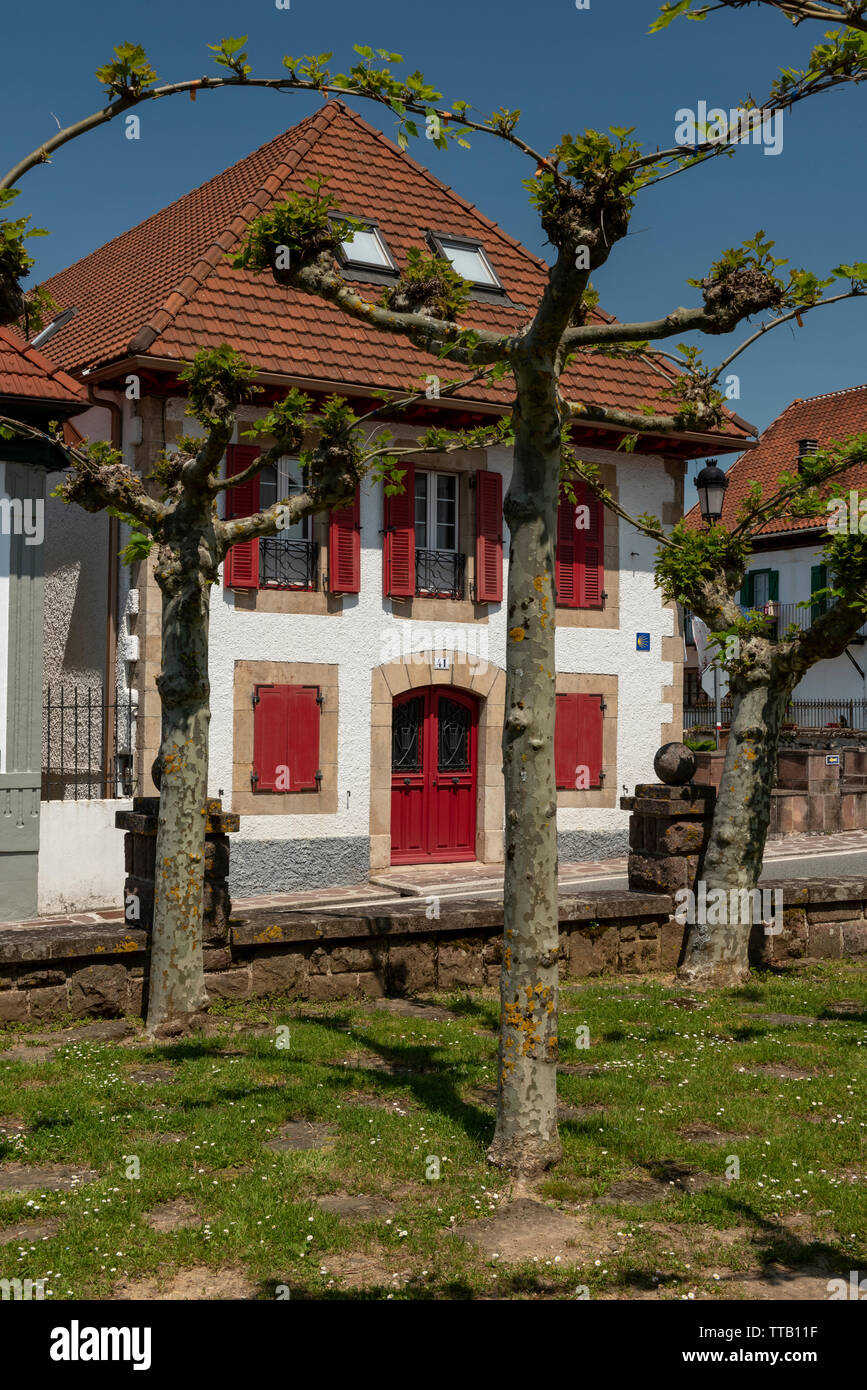 Typical facade of rural buildings in Burguete village, Navarre Pyrenees ...