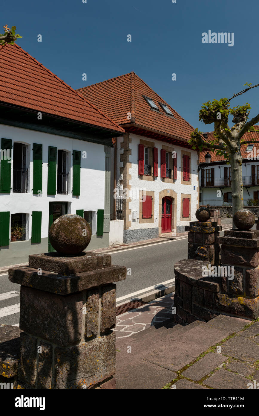 Typical facade of rural buildings in Burguete village, Navarre Pyrenees ...