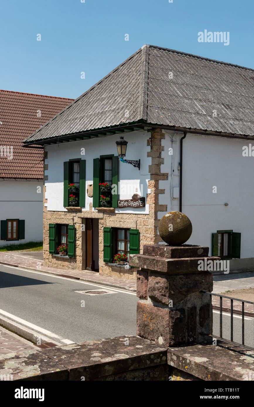 Typical facade of rural buildings in Burguete village, Navarre Pyrenees ...