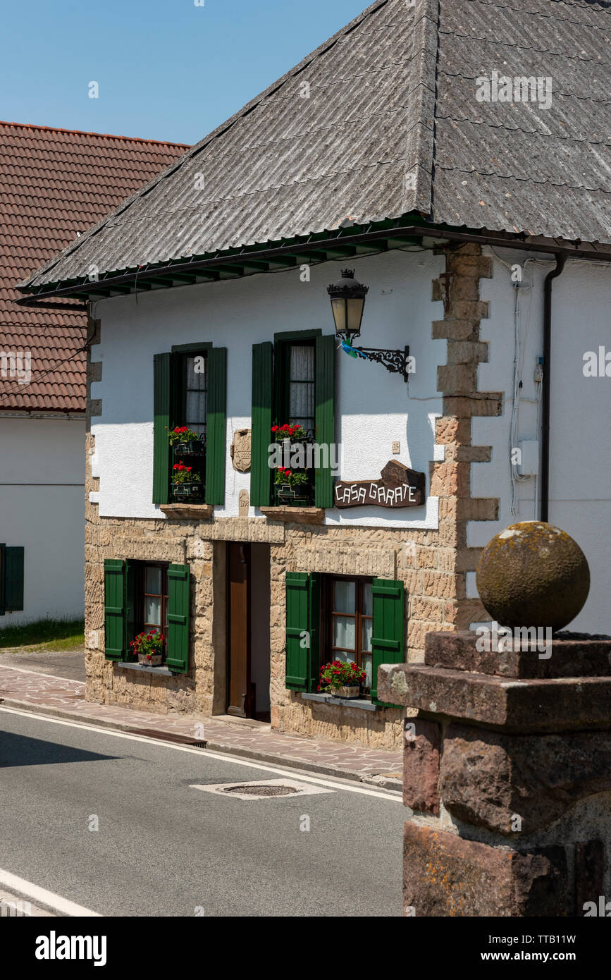 Typical facade of rural buildings in Burguete village, Navarre Pyrenees ...