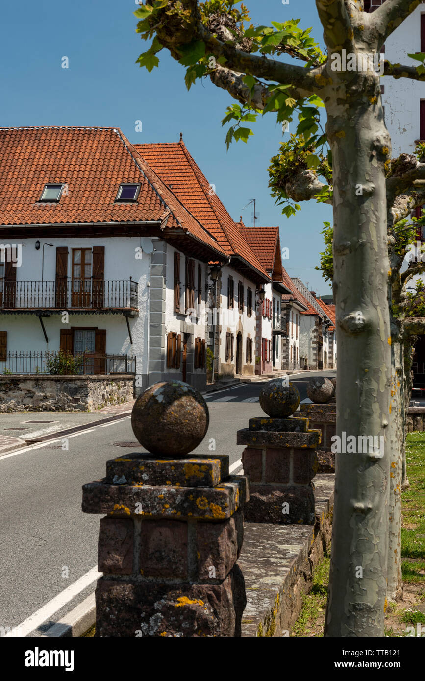 Typical facade of rural buildings in Burguete village, Navarre Pyrenees ...