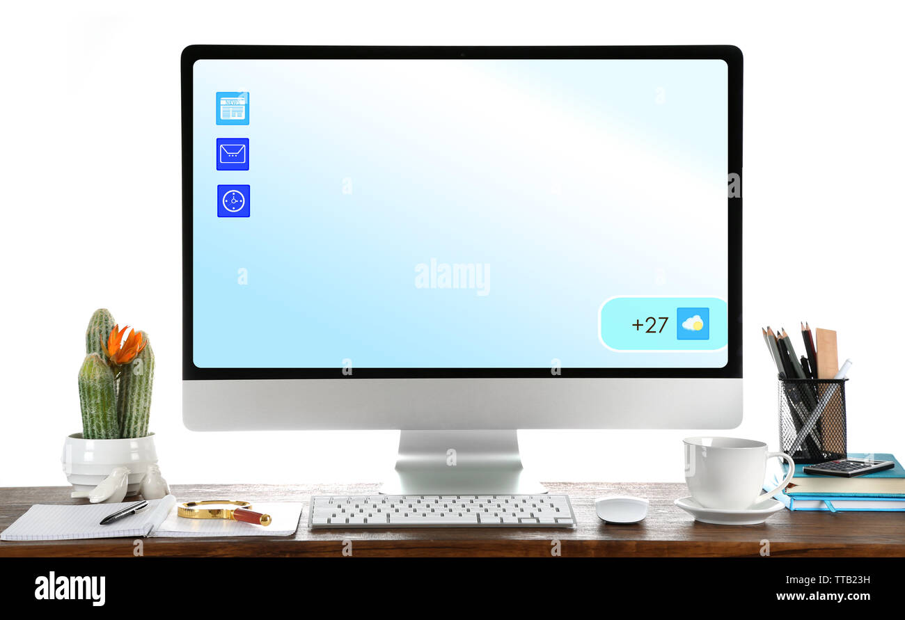 Computer on wooden table with blank white background Stock Photo - Alamy