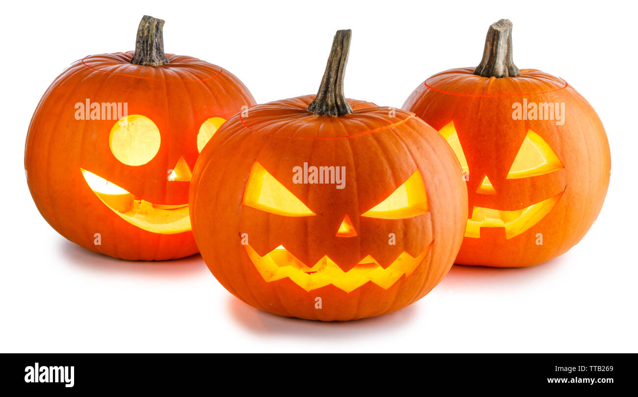 Three Halloween Pumpkins isolated on white background Stock Photo - Alamy