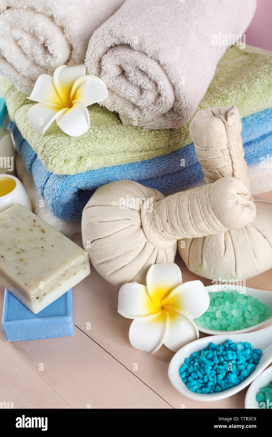 Spa treatments on colorful background Stock Photo - Alamy
