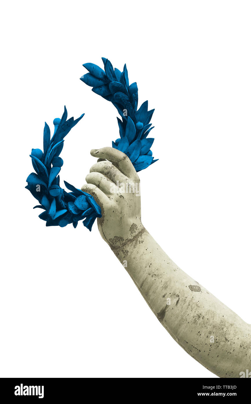 Hand holds a blue laurel wreath - bronze statue on white background for ...