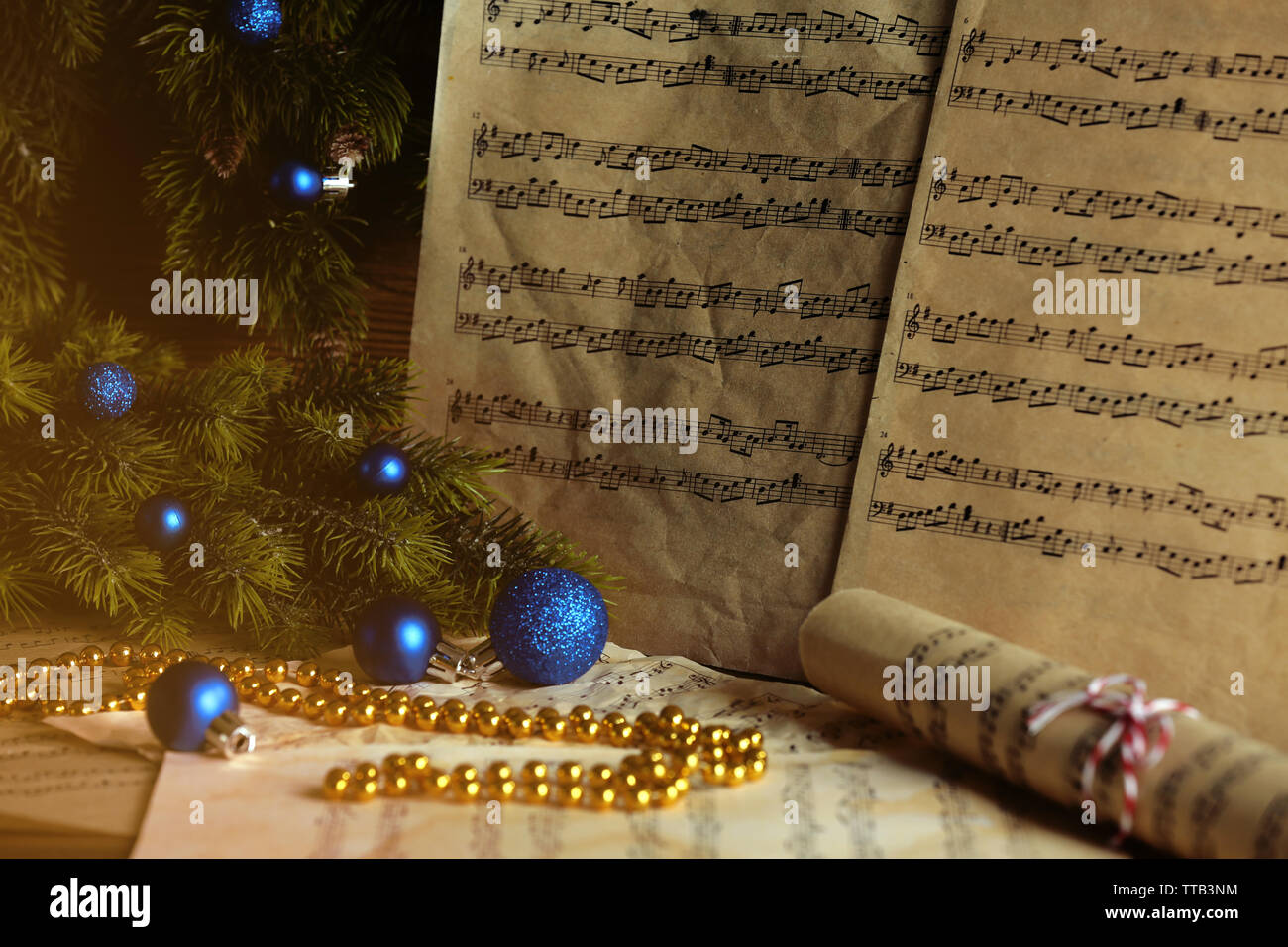 Music notes with Christmas decoration close up Stock Photo - Alamy