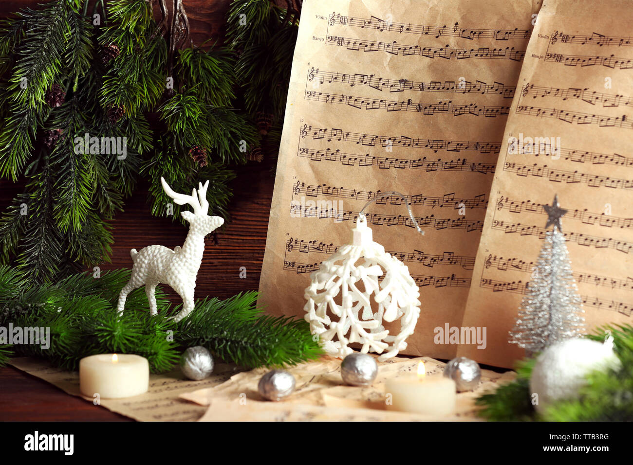 Music notes with Christmas decoration close up Stock Photo - Alamy