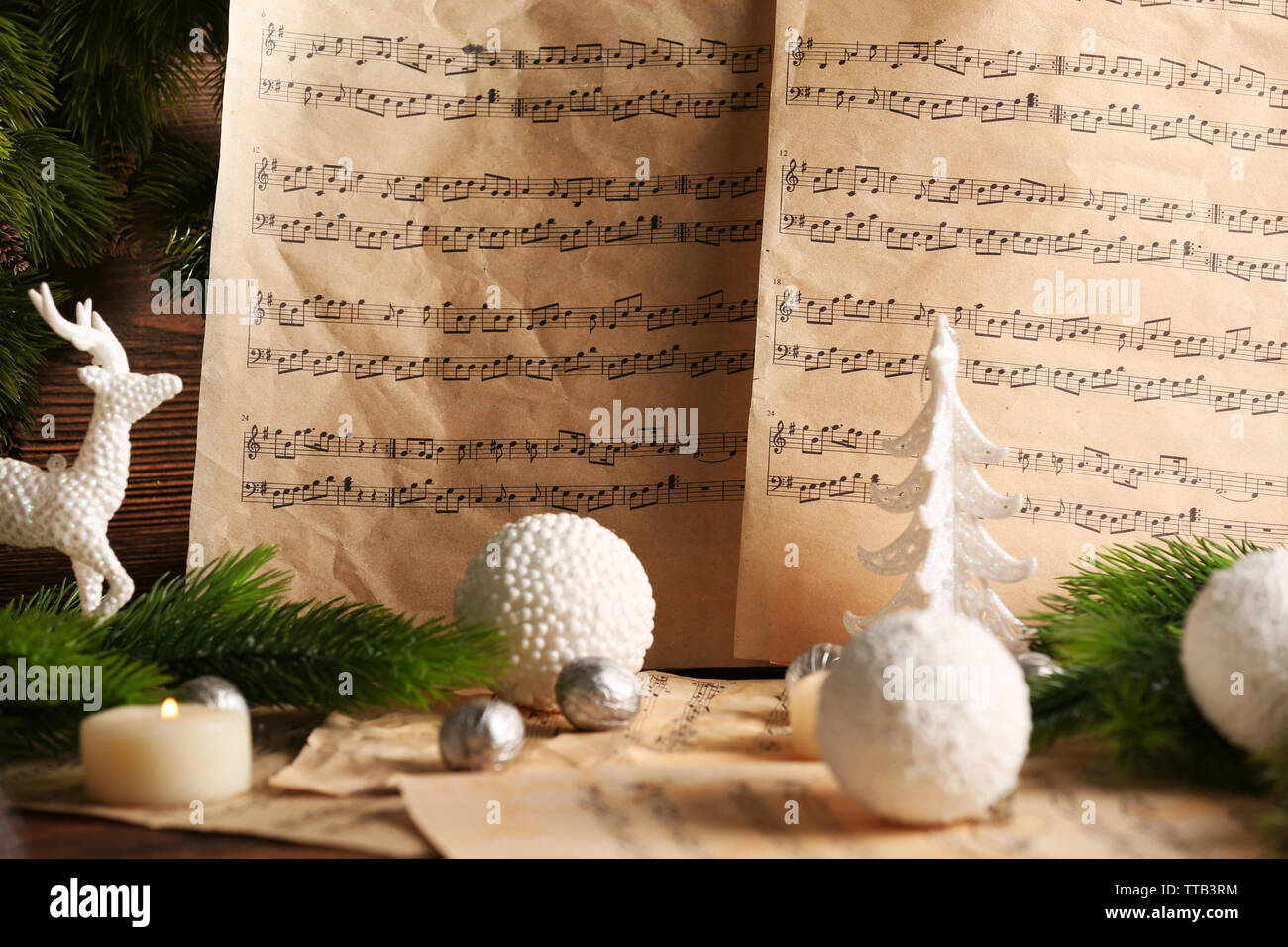 Music notes with Christmas decoration close up Stock Photo - Alamy