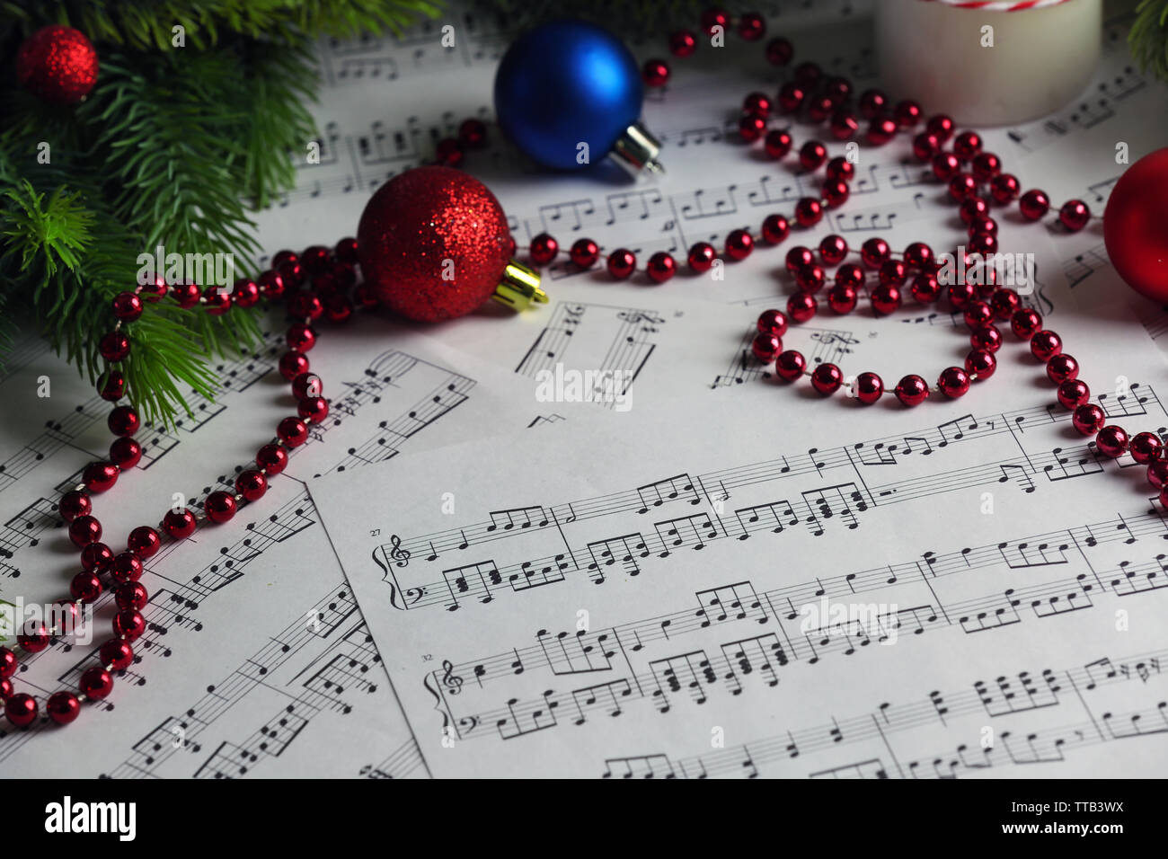Music notes with Christmas decoration close up Stock Photo - Alamy