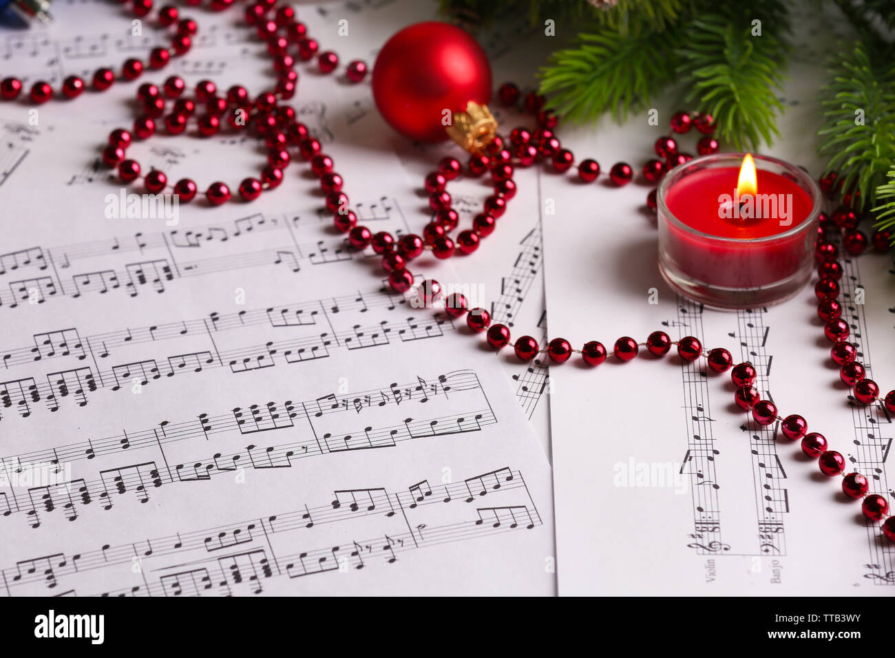 Music notes with Christmas decoration close up Stock Photo - Alamy